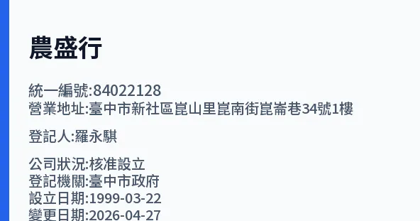 農盛行的照片-統編 84022128(臺中市) 公司登記資料與營業項目詳細圖表