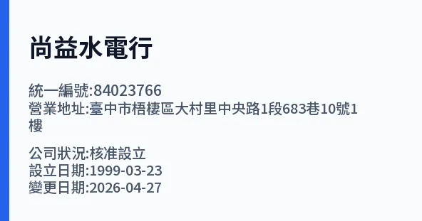 尚益水電行的照片-統編 84023766(臺中市) 公司登記資料與營業項目詳細圖表