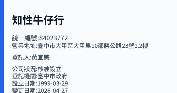 知性牛仔行的照片-統編 84023772(臺中市) 公司登記資料與營業項目詳細圖表