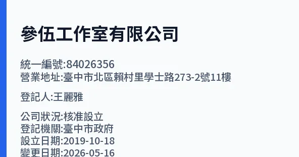 參伍工作室有限公司的照片-統編 84026356(臺中市) 公司登記資料與營業項目詳細圖表