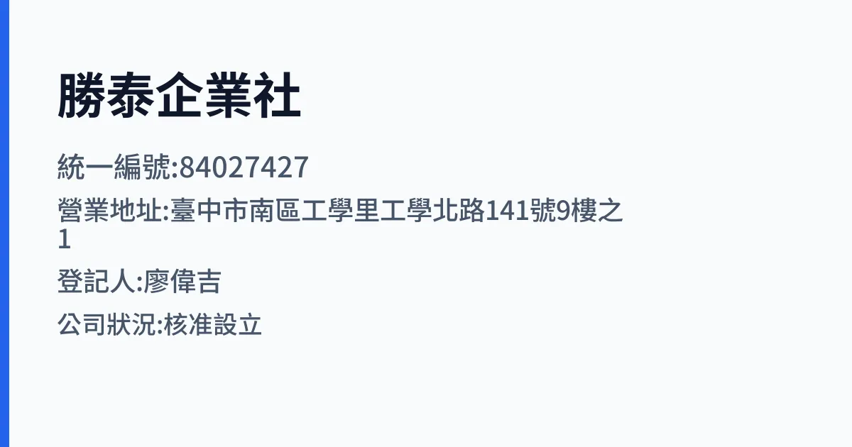 勝泰企業社 - 統編 84027427(臺中市) 公司登記資料與營業項目詳細圖表