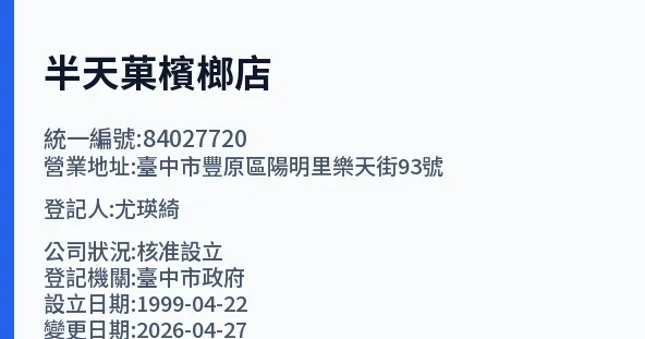 半天菓檳榔店的照片-統編 84027720(臺中市) 公司登記資料與營業項目詳細圖表