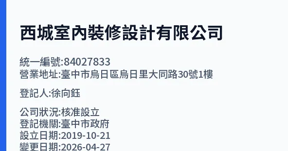 西城室內裝修設計有限公司的照片-統編 84027833(臺中市) 公司登記資料與營業項目詳細圖表