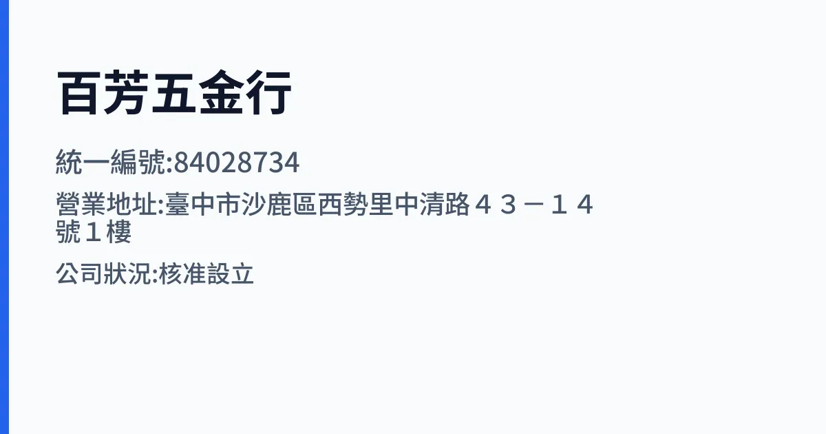 百芳五金行 - 統編 84028734(臺中市) 公司登記資料與營業項目詳細圖表