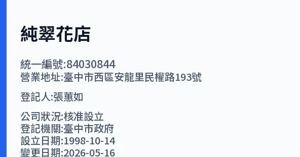 純翠花店的照片-統編 84030844(臺中市) 公司登記資料與營業項目詳細圖表
