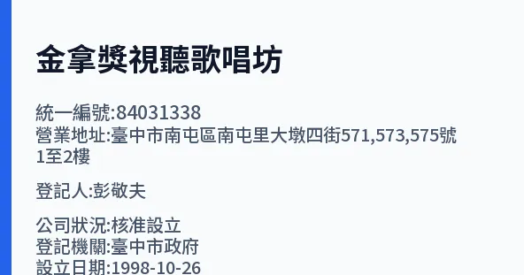 金拿獎視聽歌唱坊的照片-統編 84031338(臺中市) 公司登記資料與營業項目詳細圖表