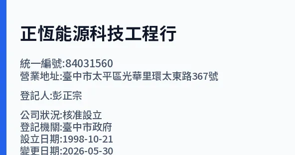 正恆能源科技工程行的照片-統編 84031560(臺中市) 公司登記資料與營業項目詳細圖表