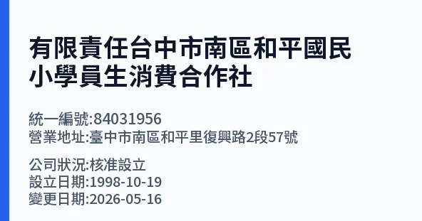 有限責任台中市南區和平國民小學員生消費合作社的照片-統編 84031956(臺中市) 公司登記資料與營業項目詳細圖表