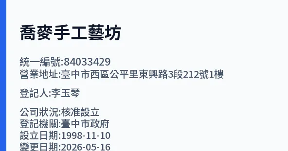 喬麥手工藝坊的照片-統編 84033429(臺中市) 公司登記資料與營業項目詳細圖表