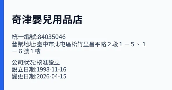 奇津嬰兒用品店的照片-統編 84035046(臺中市) 公司登記資料與營業項目詳細圖表