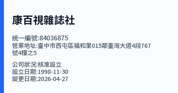 康百視雜誌社的照片-統編 84036875(臺中市) 公司登記資料與營業項目詳細圖表