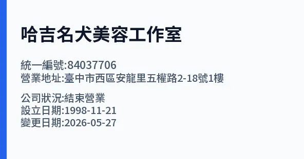 哈吉名犬美容工作室的照片-統編 84037706(臺中市) 公司登記資料與營業項目詳細圖表