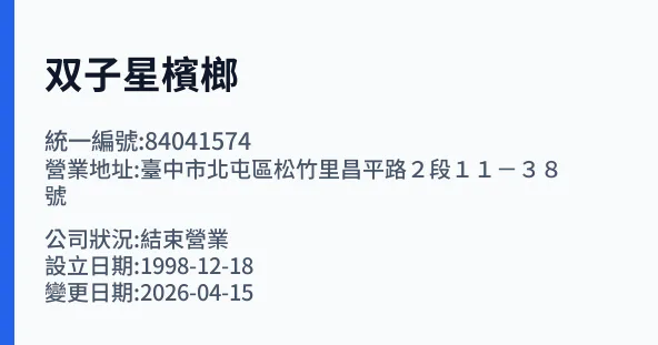 双子星檳榔的照片-統編 84041574(臺中市) 公司登記資料與營業項目詳細圖表