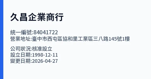 久昌企業商行的照片-統編 84041722(臺中市) 公司登記資料與營業項目詳細圖表