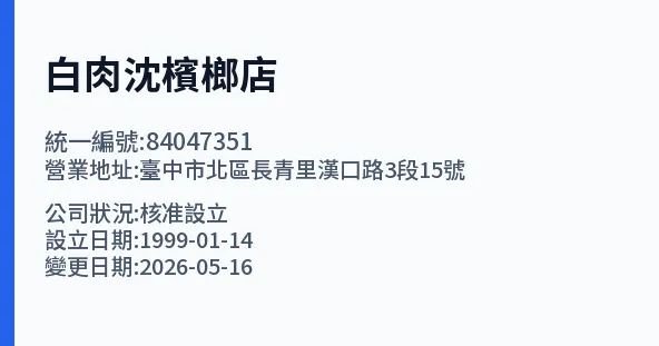 白肉沈檳榔店的照片-統編 84047351(臺中市) 公司登記資料與營業項目詳細圖表