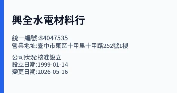 興全水電材料行的照片-統編 84047535(臺中市) 公司登記資料與營業項目詳細圖表