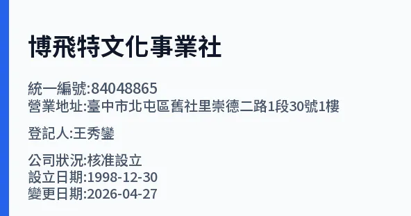 博飛特文化事業社的照片-統編 84048865(臺中市) 公司登記資料與營業項目詳細圖表