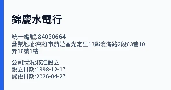 錦慶水電行的照片-統編 84050664(高雄市) 公司登記資料與營業項目詳細圖表