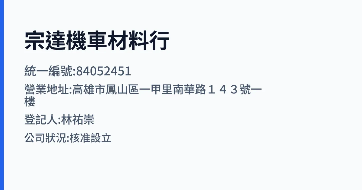 宗達機車材料行 - 統編 84052451(高雄市) 公司登記資料與營業項目詳細圖表