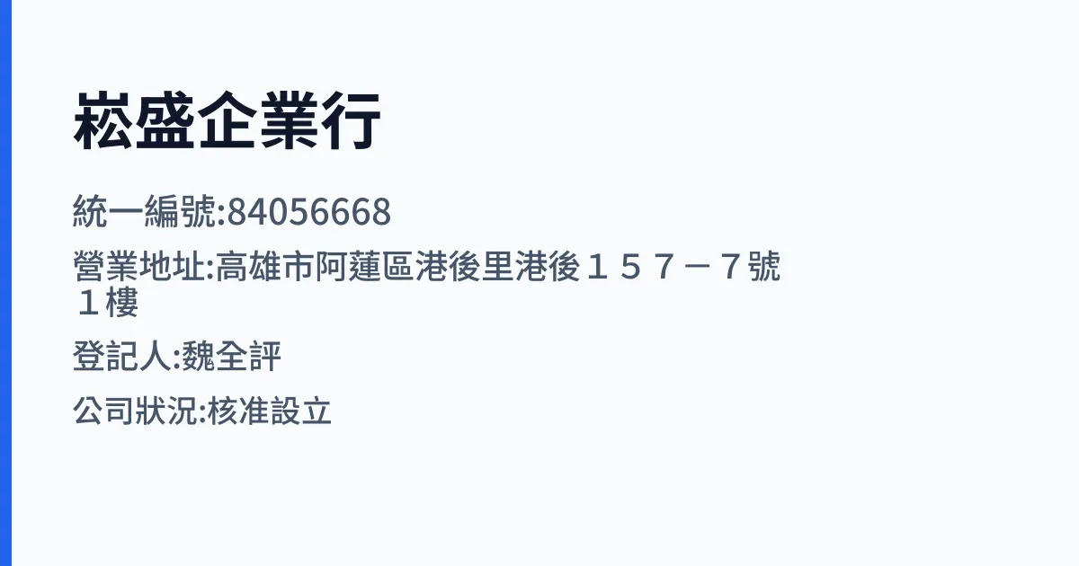 崧盛企業行 - 統編 84056668(高雄市) 公司登記資料與營業項目詳細圖表