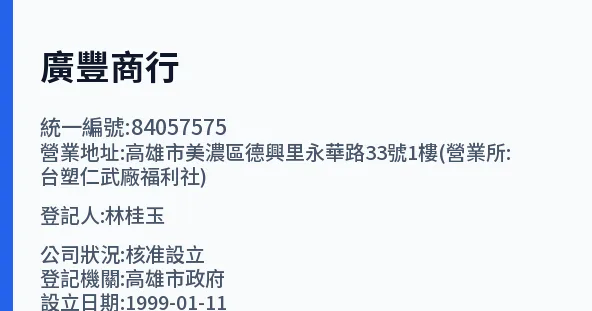 廣豐商行的照片-統編 84057575(高雄市) 公司登記資料與營業項目詳細圖表