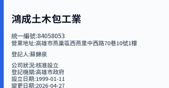 鴻成土木包工業的照片-統編 84058053(高雄市) 公司登記資料與營業項目詳細圖表