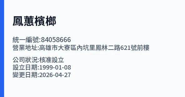 鳳蕙檳榔的照片-統編 84058666(高雄市) 公司登記資料與營業項目詳細圖表