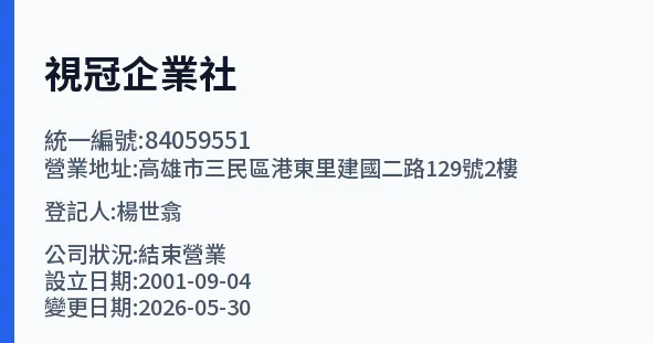 視冠企業社的照片-統編 84059551(高雄市) 公司登記資料與營業項目詳細圖表