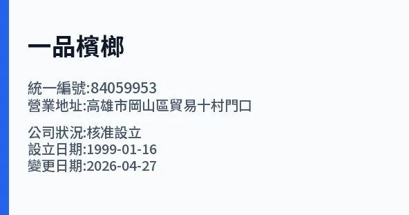 一品檳榔的照片-統編 84059953(高雄市) 公司登記資料與營業項目詳細圖表