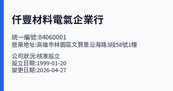 仟豐材料電氣企業行的照片-統編 84060001(高雄市) 公司登記資料與營業項目詳細圖表