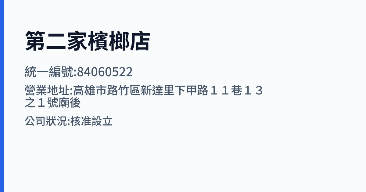 第二家檳榔店 - 統編 84060522(高雄市) 公司登記資料與營業項目詳細圖表