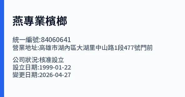 燕專業檳榔的照片-統編 84060641(高雄市) 公司登記資料與營業項目詳細圖表