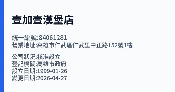 壹加壹漢堡店的照片-統編 84061281(高雄市) 公司登記資料與營業項目詳細圖表