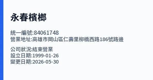永春檳榔的照片-統編 84061748(高雄市) 公司登記資料與營業項目詳細圖表