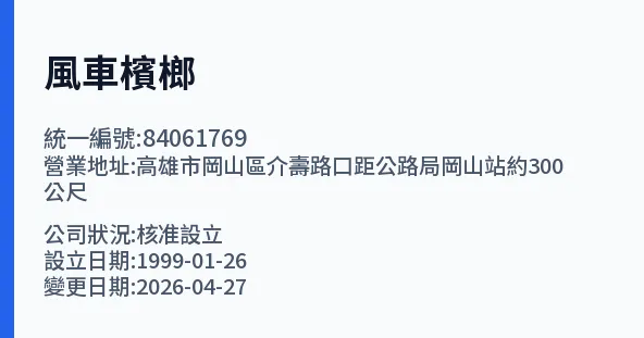 風車檳榔的照片-統編 84061769(高雄市) 公司登記資料與營業項目詳細圖表