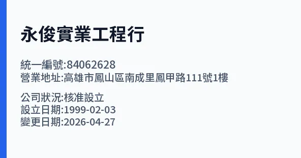 永俊實業工程行的照片-統編 84062628(高雄市) 公司登記資料與營業項目詳細圖表