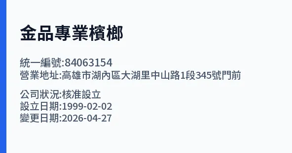 金品專業檳榔的照片-統編 84063154(高雄市) 公司登記資料與營業項目詳細圖表