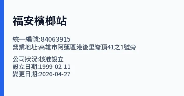 福安檳榔站的照片-統編 84063915(高雄市) 公司登記資料與營業項目詳細圖表
