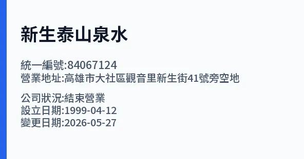 新生泰山泉水的照片-統編 84067124(高雄市) 公司登記資料與營業項目詳細圖表