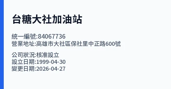 台糖大社加油站的照片-統編 84067736(高雄市) 公司登記資料與營業項目詳細圖表
