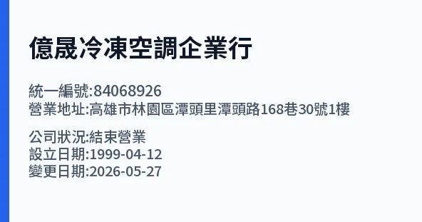 億晟冷凍空調企業行的照片-統編 84068926(高雄市) 公司登記資料與營業項目詳細圖表
