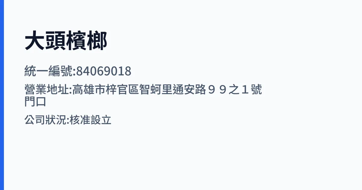 大頭檳榔 - 統編 84069018(高雄市) 公司登記資料與營業項目詳細圖表