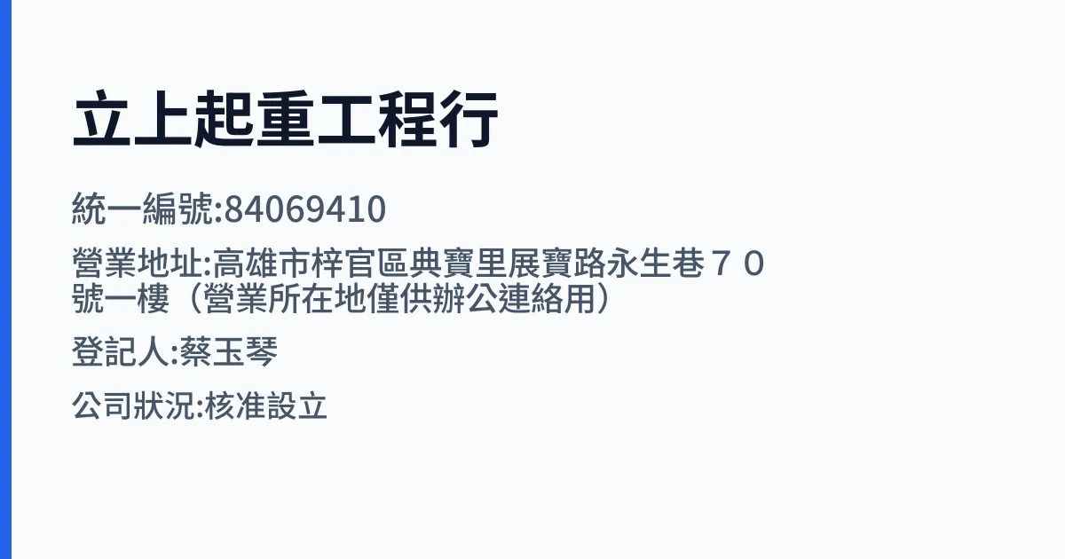 立上起重工程行 - 統編 84069410(高雄市) 公司登記資料與營業項目詳細圖表