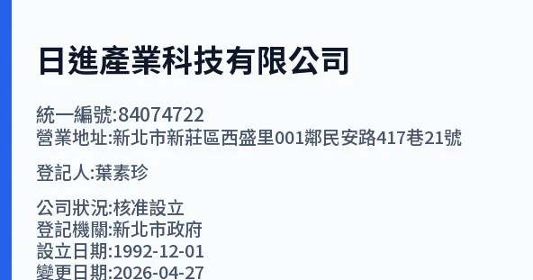 日進產業科技有限公司的照片-統編 84074722(新北市) 公司登記資料與營業項目詳細圖表