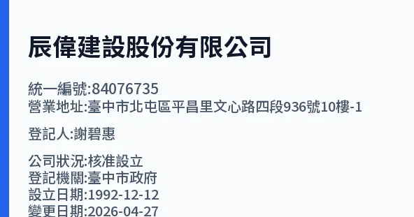 辰偉建設股份有限公司的照片-統編 84076735(臺中市) 公司登記資料與營業項目詳細圖表