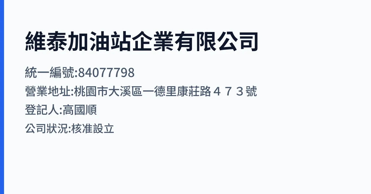 維泰加油站企業有限公司 - 統編 84077798(桃園市) 公司登記資料與營業項目詳細圖表