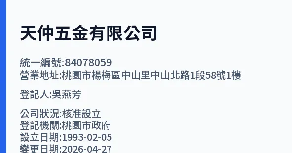 天仲五金有限公司的照片-統編 84078059(桃園市) 公司登記資料與營業項目詳細圖表