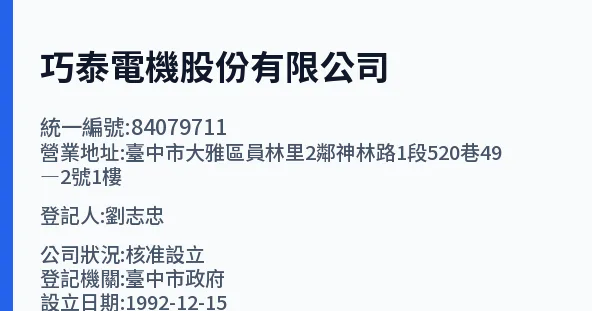 巧泰電機股份有限公司的照片-統編 84079711(臺中市) 公司登記資料與營業項目詳細圖表
