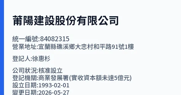 莆陽建設股份有限公司的照片-統編 84082315(宜蘭縣) 公司登記資料與營業項目詳細圖表