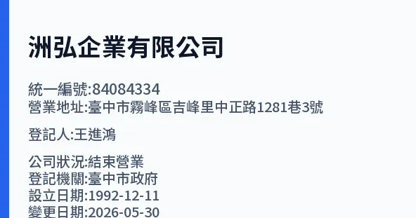 洲弘企業有限公司的照片-統編 84084334(臺中市) 公司登記資料與營業項目詳細圖表